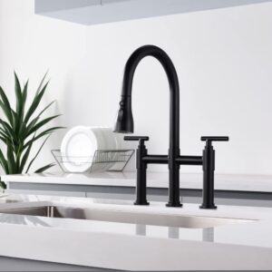 ARRISEA Matte Black Bridge Kitchen Faucet with 3 Mode Pull-Down Sprayer 2 Handle 8 Inch Faucet for Kitchen Sinks 3 Hole Kitchen Sink Faucet, Fingerprint Resistant Spot Free BL-BKF-15108BK