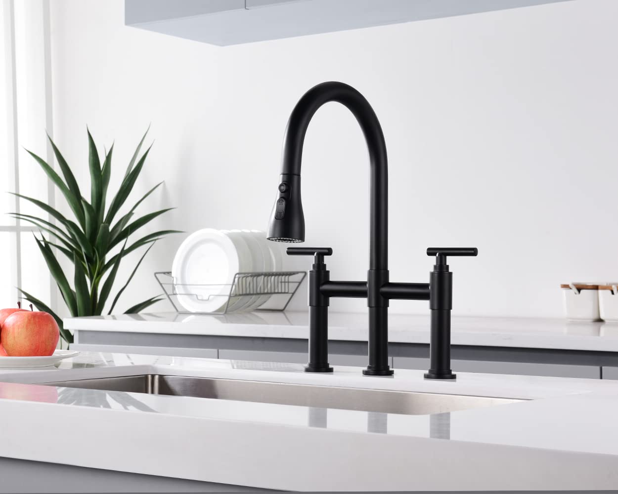 ARRISEA Matte Black Bridge Kitchen Faucet with 3 Mode Pull-Down Sprayer 2 Handle 8 Inch Faucet for Kitchen Sinks 3 Hole Kitchen Sink Faucet, Fingerprint Resistant Spot Free BL-BKF-15108BK