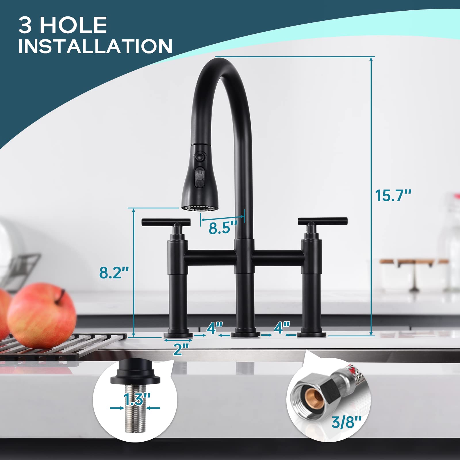 ARRISEA Matte Black Bridge Kitchen Faucet with 3 Mode Pull-Down Sprayer 2 Handle 8 Inch Faucet for Kitchen Sinks 3 Hole Kitchen Sink Faucet, Fingerprint Resistant Spot Free BL-BKF-15108BK