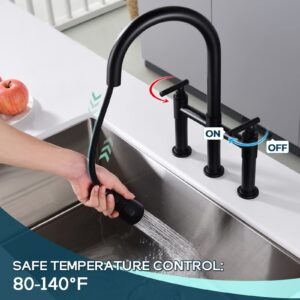 ARRISEA Matte Black Bridge Kitchen Faucet with 3 Mode Pull-Down Sprayer 2 Handle 8 Inch Faucet for Kitchen Sinks 3 Hole Kitchen Sink Faucet, Fingerprint Resistant Spot Free BL-BKF-15108BK