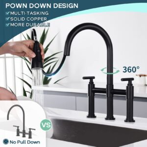 ARRISEA Matte Black Bridge Kitchen Faucet with 3 Mode Pull-Down Sprayer 2 Handle 8 Inch Faucet for Kitchen Sinks 3 Hole Kitchen Sink Faucet, Fingerprint Resistant Spot Free BL-BKF-15108BK