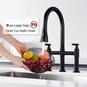 ARRISEA Matte Black Bridge Kitchen Faucet with 3 Mode Pull-Down Sprayer 2 Handle 8 Inch Faucet for Kitchen Sinks 3 Hole Kitchen Sink Faucet, Fingerprint Resistant Spot Free BL-BKF-15108BK