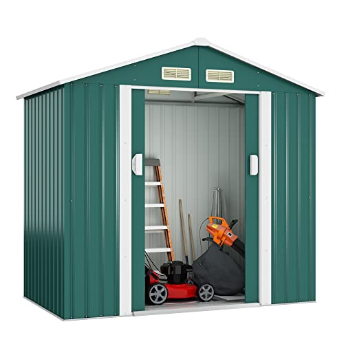 HOGYME 7' x 4.2' Storage Shed Outdoor Metal Shed, Garden Sheds &Outdoor Storage Suitable for Lawn Mower Ladder Bike, Backyard Steel Shed with Lockable/Sliding Doors and Stable Base, 4 Vents, Green