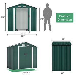 HOGYME 7' x 4.2' Storage Shed Outdoor Metal Shed, Garden Sheds &Outdoor Storage Suitable for Lawn Mower Ladder Bike, Backyard Steel Shed with Lockable/Sliding Doors and Stable Base, 4 Vents, Green