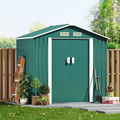 HOGYME 7' x 4.2' Storage Shed Outdoor Metal Shed, Garden Sheds &Outdoor Storage Suitable for Lawn Mower Ladder Bike, Backyard Steel Shed with Lockable/Sliding Doors and Stable Base, 4 Vents, Green