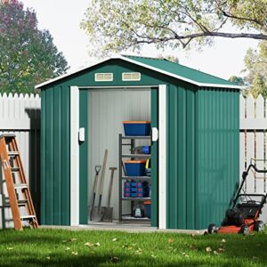 HOGYME 7' x 4.2' Storage Shed Outdoor Metal Shed, Garden Sheds &Outdoor Storage Suitable for Lawn Mower Ladder Bike, Backyard Steel Shed with Lockable/Sliding Doors and Stable Base, 4 Vents, Green