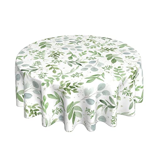 Spring Floral Teal Sage Green Tablecloth Round 60 Inch Watercolor Eucalyptus Leaf Round Table Cloth Wrinkle Resistant Washable Table Cover for Kitchen Dining Room Holiday Party Picnic Patio