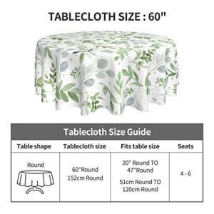 Spring Floral Teal Sage Green Tablecloth Round 60 Inch Watercolor Eucalyptus Leaf Round Table Cloth Wrinkle Resistant Washable Table Cover for Kitchen Dining Room Holiday Party Picnic Patio