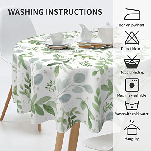 Spring Floral Teal Sage Green Tablecloth Round 60 Inch Watercolor Eucalyptus Leaf Round Table Cloth Wrinkle Resistant Washable Table Cover for Kitchen Dining Room Holiday Party Picnic Patio