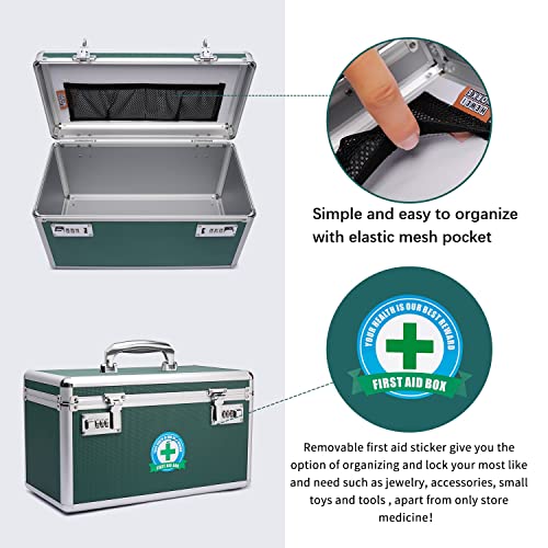 HEWEI WORKS Large capacity Locking Box， Lockable Medication Box with Portable Storage Case, 15''x 8.7''x 9.3'', Childproof Medicine Lock Organizer, Locked Empty First Aid Storage Case (GREEN)