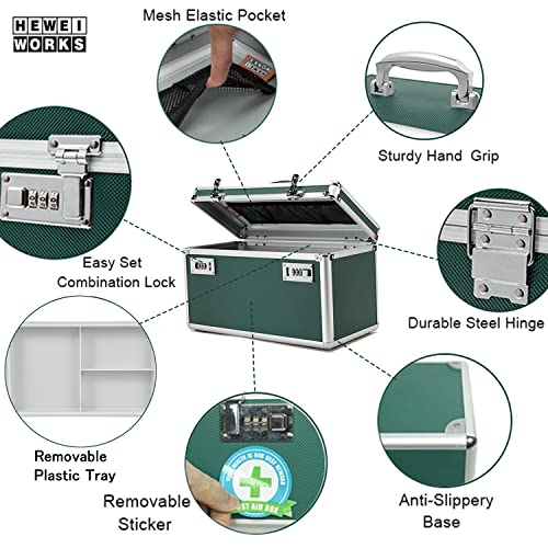 HEWEI WORKS Large capacity Locking Box， Lockable Medication Box with Portable Storage Case, 15''x 8.7''x 9.3'', Childproof Medicine Lock Organizer, Locked Empty First Aid Storage Case (GREEN)