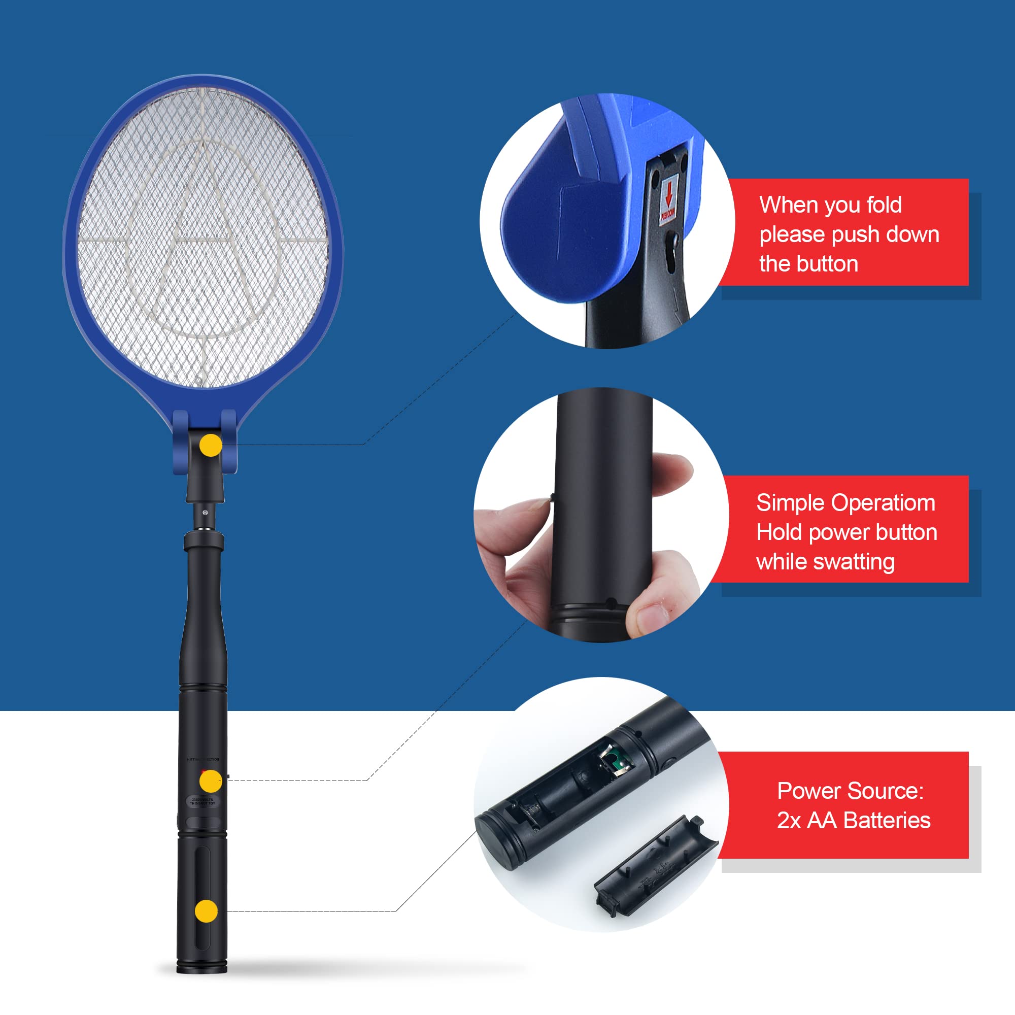 Electric Fly Swatter, Foldable and Retractable Bug Zapper Indoor, Electronic Insect Killer, Flying Insect Killer, Insect Trap Racket for Travel (2AA NOT Include)