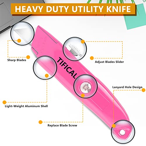 TIFICAL Box Cutter Retractable, Premium Utility Knife with Extra 10 Blades, Auto-Lock Razor Knife for Cartons, Cardboard, Boxes, Aluminum Shell Box Opener Box Cutter Knife for Home, Office, Pink