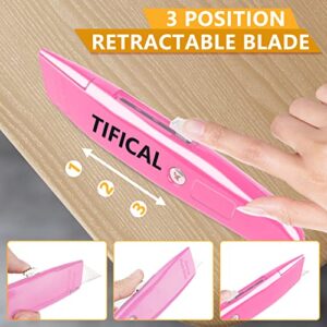 TIFICAL Box Cutter Retractable, Premium Utility Knife with Extra 10 Blades, Auto-Lock Razor Knife for Cartons, Cardboard, Boxes, Aluminum Shell Box Opener Box Cutter Knife for Home, Office, Pink