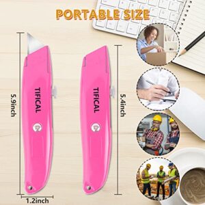 TIFICAL Box Cutter Retractable, Premium Utility Knife with Extra 10 Blades, Auto-Lock Razor Knife for Cartons, Cardboard, Boxes, Aluminum Shell Box Opener Box Cutter Knife for Home, Office, Pink