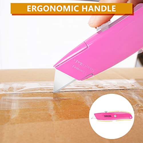 TIFICAL Box Cutter Retractable, Premium Utility Knife with Extra 10 Blades, Auto-Lock Razor Knife for Cartons, Cardboard, Boxes, Aluminum Shell Box Opener Box Cutter Knife for Home, Office, Pink