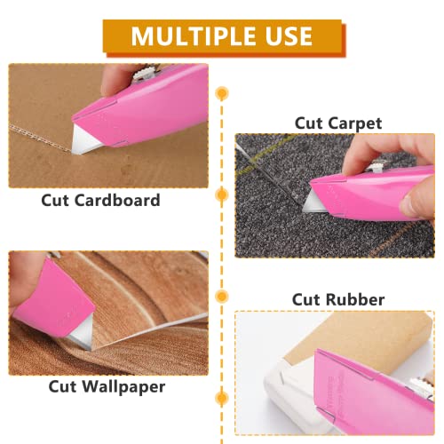 TIFICAL Box Cutter Retractable, Premium Utility Knife with Extra 10 Blades, Auto-Lock Razor Knife for Cartons, Cardboard, Boxes, Aluminum Shell Box Opener Box Cutter Knife for Home, Office, Pink