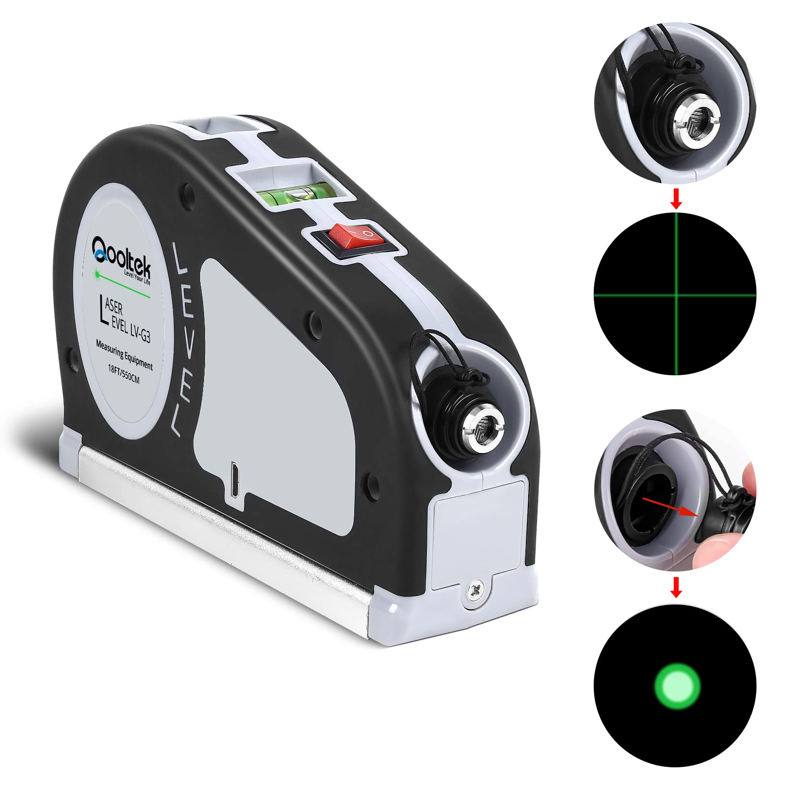 Green Laser Level, Qooltek Rechargeable Multipurpose Cross Line Laser Tool with Vertical and Horizontal Line 18FT/5.5M Measuring Tape