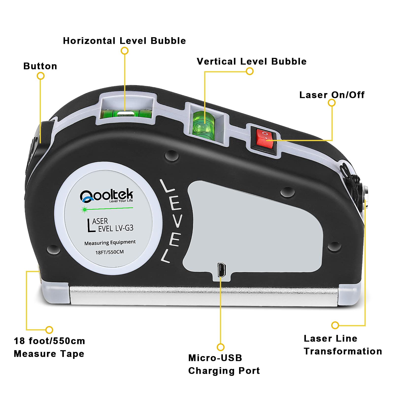 Green Laser Level, Qooltek Rechargeable Multipurpose Cross Line Laser Tool with Vertical and Horizontal Line 18FT/5.5M Measuring Tape