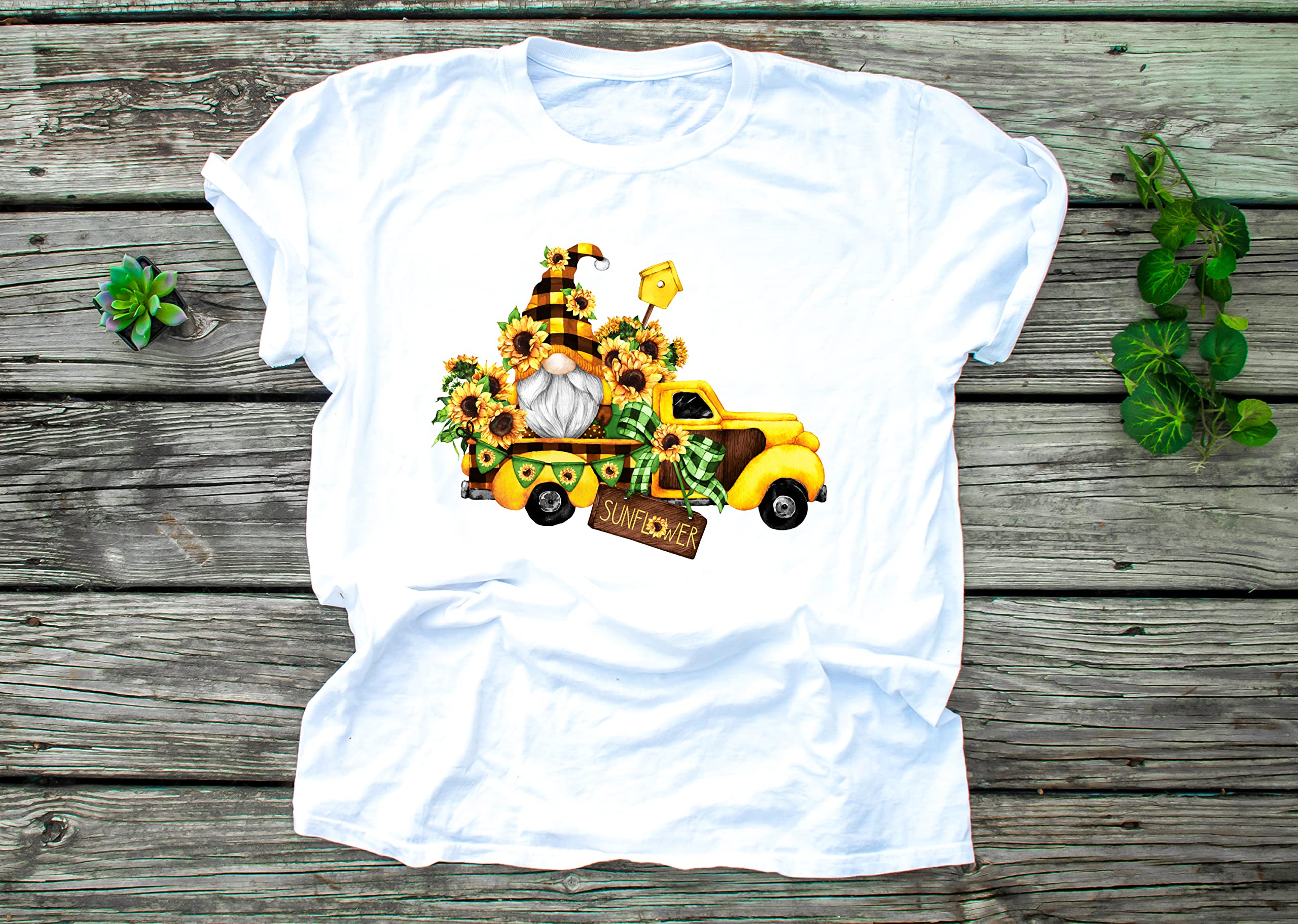 Sunflower Gnome Truck Sublimation Transfer - Ready to Press, Sunflowers Transfer, Gnome Transfer, Vintage Truck Gnome Transfer, Ready to Use (Adult x1-8.5+")