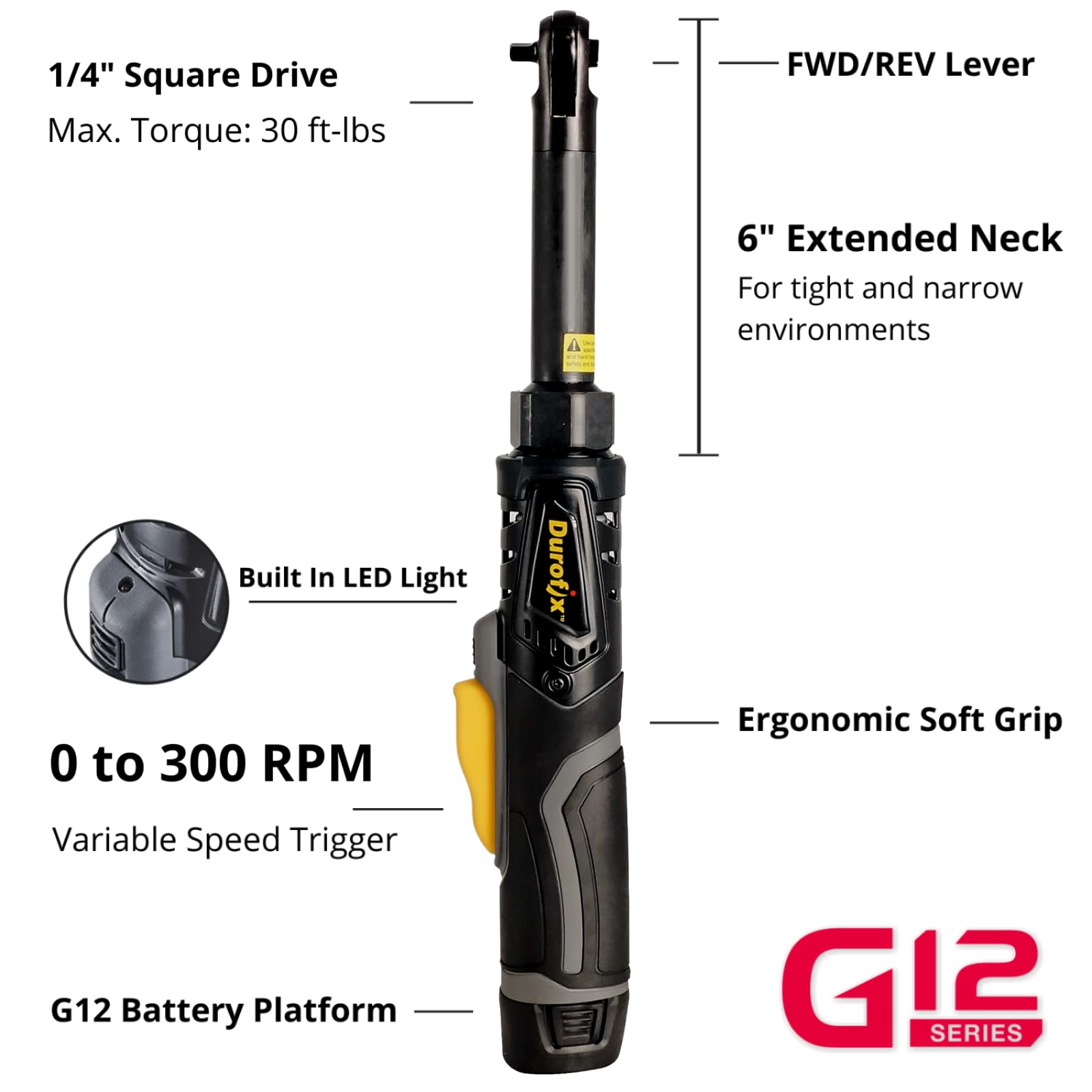 Durofix RW1216-2P G12 Series 12V Li-ion Cordless 1/4” 30 ft-lbs. Extended Ratchet Wrench Tool Kit with Canvas Bag