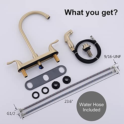 FROPO Gold Kitchen Faucet with Side Sprayer - 2 Handles 8 Inches Centerset Sink Faucets 3 or 4 Hole Kitchen Sink Faucet Commercial Lead-Free Utility Faucet with High Pressure Sprayer