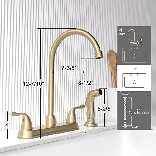 FROPO Gold Kitchen Faucet with Side Sprayer - 2 Handles 8 Inches Centerset Sink Faucets 3 or 4 Hole Kitchen Sink Faucet Commercial Lead-Free Utility Faucet with High Pressure Sprayer