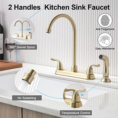 FROPO Gold Kitchen Faucet with Side Sprayer - 2 Handles 8 Inches Centerset Sink Faucets 3 or 4 Hole Kitchen Sink Faucet Commercial Lead-Free Utility Faucet with High Pressure Sprayer