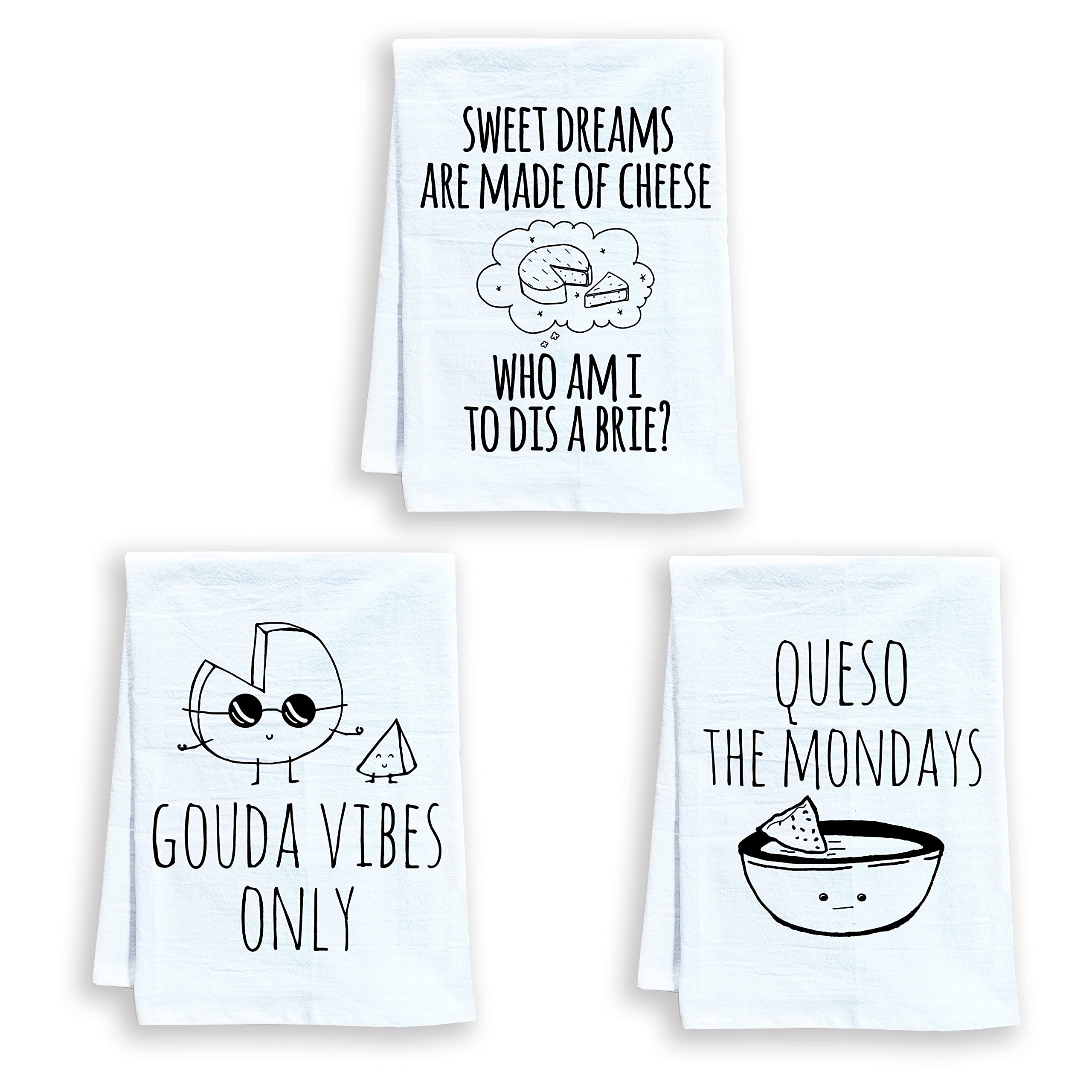 Moonlight Makers Funny Dish Towels, Set of 3, Funny Kitchen Towels, Sweet Housewarming Gift for Cheese Lovers, Farmhouse Kitchen Décor (Sweet Dreams…Brie, Gouda Vibes, Queso The Mondays)