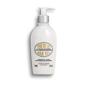 l’occitane moisturizing, softening almond milk veil 8.4 oz: infused with almond oil, visibly firmer-looking skin, smooth skin, 24-hour hydration*