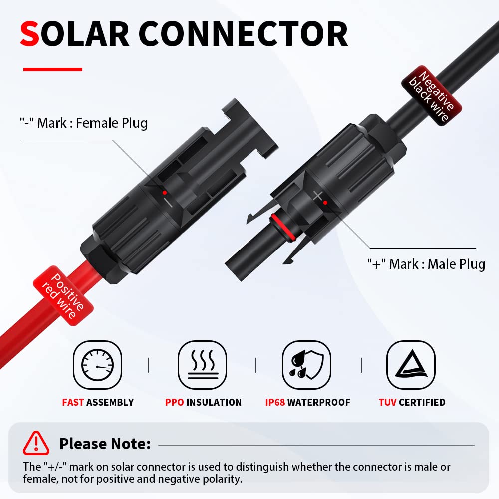 ELECTOP 10AWG Solar Panel Connector Cable, Solar Connecter to O Ring Solar Panel Adaptor Cable with Male and Female Connector for Solar Generator Inverter Battery Pack Charger