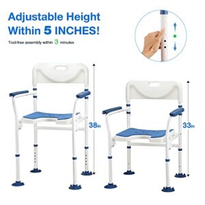 GreenChief Shower Chair with Arms and Back 350 LB, Folding Bath Chair Adjustable, Shower Seat Cutout for Private Washing, Heavy Duty Shower Chair for Senior, Elderly, Disabled, Bariatric