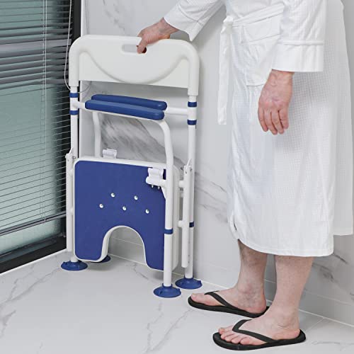 GreenChief Shower Chair with Arms and Back 350 LB, Folding Bath Chair Adjustable, Shower Seat Cutout for Private Washing, Heavy Duty Shower Chair for Senior, Elderly, Disabled, Bariatric