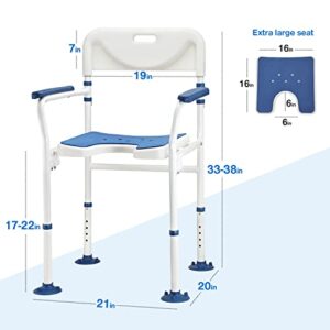 GreenChief Shower Chair with Arms and Back 350 LB, Folding Bath Chair Adjustable, Shower Seat Cutout for Private Washing, Heavy Duty Shower Chair for Senior, Elderly, Disabled, Bariatric