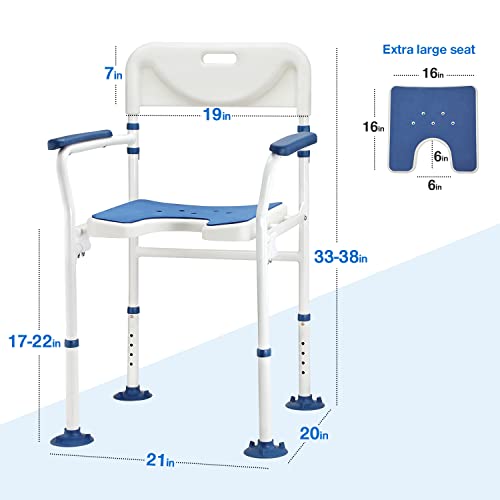 GreenChief Shower Chair with Arms and Back 350 LB, Folding Bath Chair Adjustable, Shower Seat Cutout for Private Washing, Heavy Duty Shower Chair for Senior, Elderly, Disabled, Bariatric