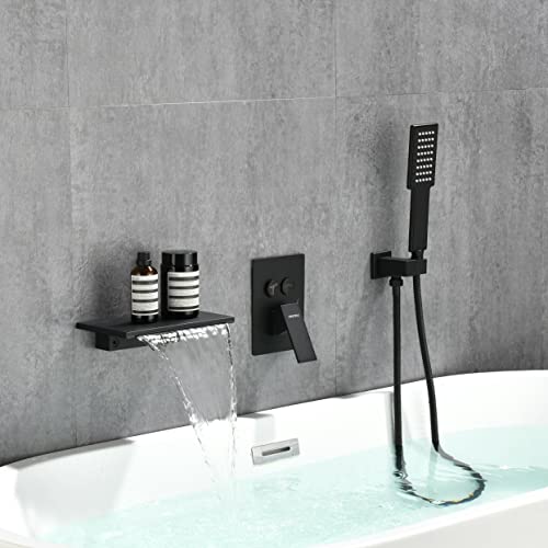 VANFOXLE Push-Button Waterfall Bathtub Faucet Set with Sprayer, Shower System Matte Black Shower Faucets Sets Complete, Single Handle Brass Tub Shower Faucet Set