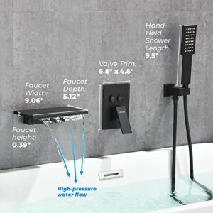 VANFOXLE Push-Button Waterfall Bathtub Faucet Set with Sprayer, Shower System Matte Black Shower Faucets Sets Complete, Single Handle Brass Tub Shower Faucet Set