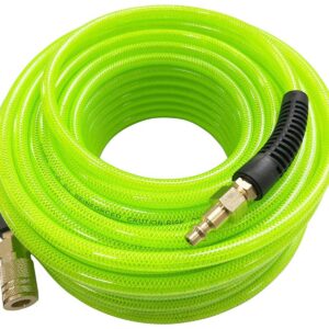 SANFU (PU) Polyurethane Air Hose Reinforced 1/4”ID(6.3 x 9.8mm) x 100ft, Anti-low temperature 300PSI with 1/4-Inch Swivel Solid Brass Quick Coupler and Plug, Emerald Green(100’)