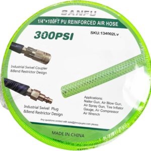 SANFU (PU) Polyurethane Air Hose Reinforced 1/4”ID(6.3 x 9.8mm) x 100ft, Anti-low temperature 300PSI with 1/4-Inch Swivel Solid Brass Quick Coupler and Plug, Emerald Green(100’)