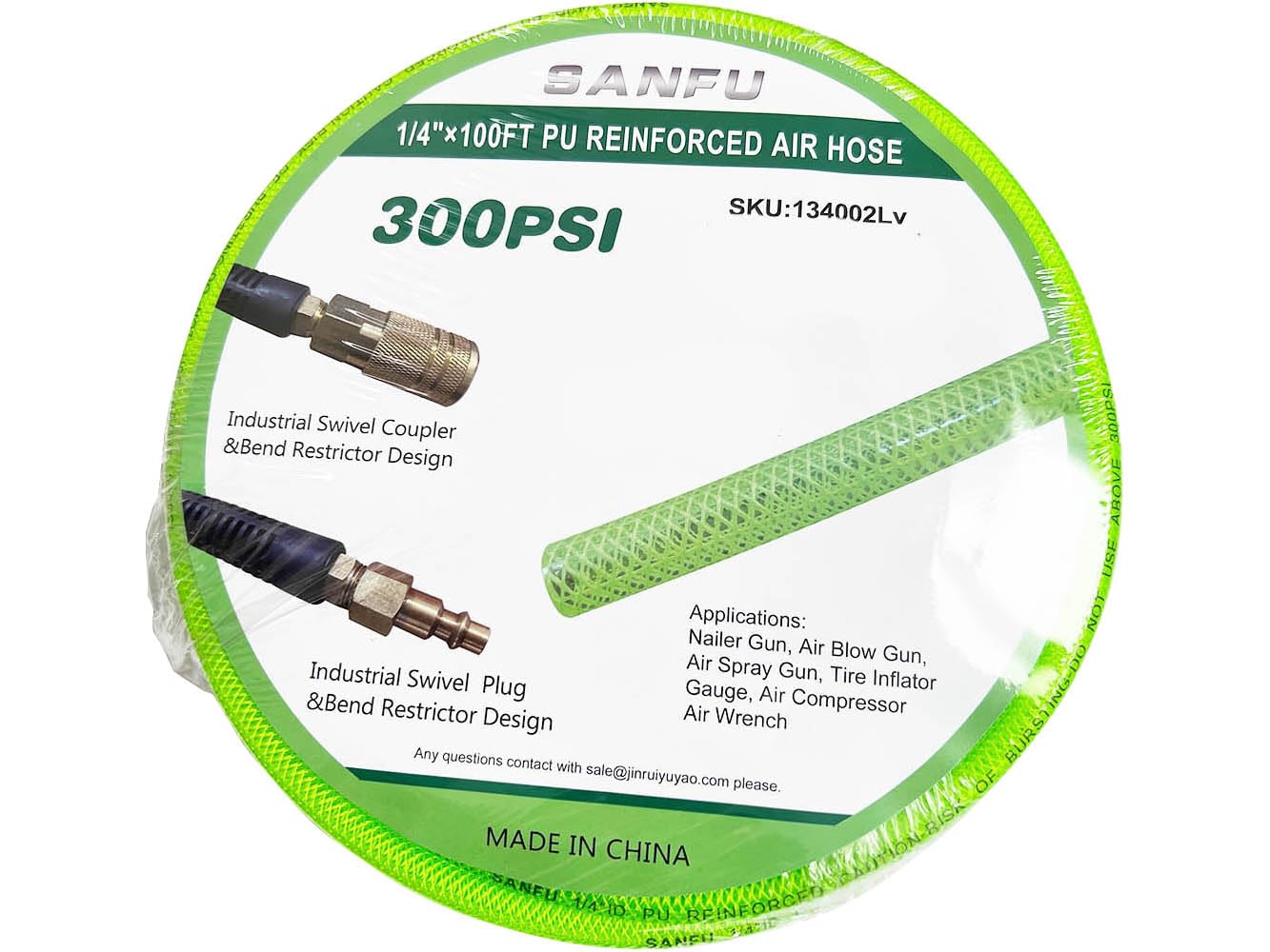 SANFU (PU) Polyurethane Air Hose Reinforced 1/4”ID(6.3 x 9.8mm) x 100ft, Anti-low temperature 300PSI with 1/4-Inch Swivel Solid Brass Quick Coupler and Plug, Emerald Green(100’)