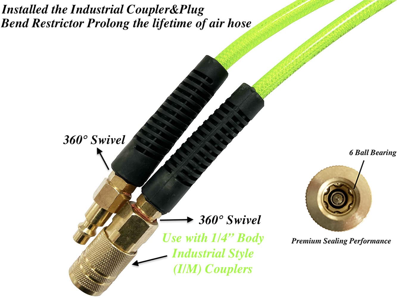 SANFU (PU) Polyurethane Air Hose Reinforced 1/4”ID(6.3 x 9.8mm) x 100ft, Anti-low temperature 300PSI with 1/4-Inch Swivel Solid Brass Quick Coupler and Plug, Emerald Green(100’)