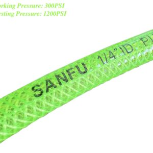 SANFU (PU) Polyurethane Air Hose Reinforced 1/4”ID(6.3 x 9.8mm) x 100ft, Anti-low temperature 300PSI with 1/4-Inch Swivel Solid Brass Quick Coupler and Plug, Emerald Green(100’)