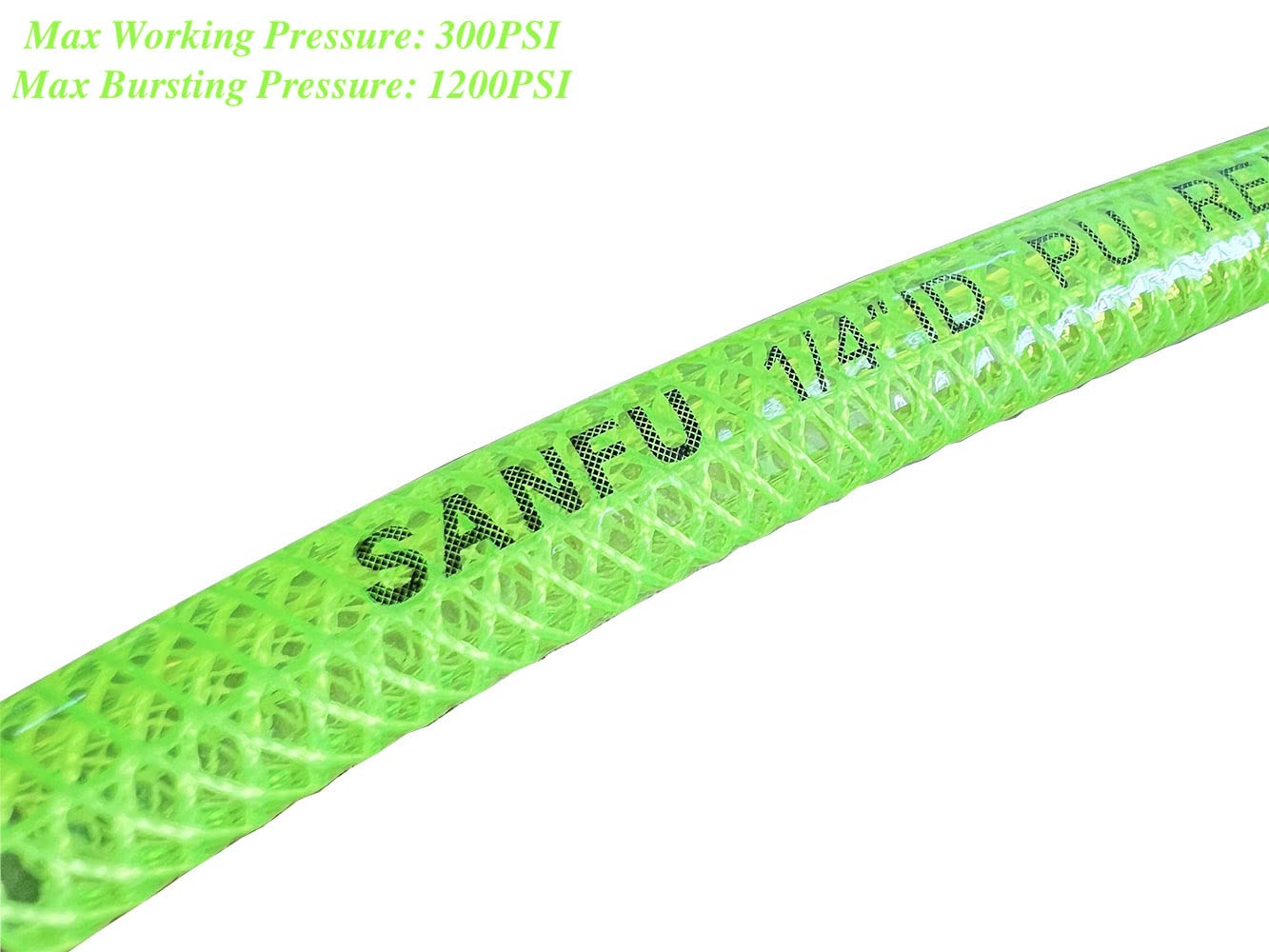 SANFU (PU) Polyurethane Air Hose Reinforced 1/4”ID(6.3 x 9.8mm) x 100ft, Anti-low temperature 300PSI with 1/4-Inch Swivel Solid Brass Quick Coupler and Plug, Emerald Green(100’)