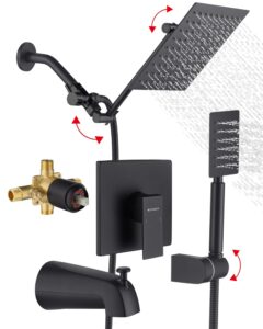 bltfaucer matte black dual bathtub shower faucet set combo with handheld and 8 inch rainfall shower head|adjustable extension shower arm|tub spout|pressure balance rough-in valve included