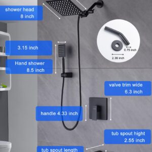 BLTFAUCER Matte Black Dual Bathtub Shower Faucet Set Combo with Handheld and 8 Inch Rainfall Shower Head|Adjustable Extension Shower Arm|Tub Spout|Pressure Balance Rough-in Valve Included