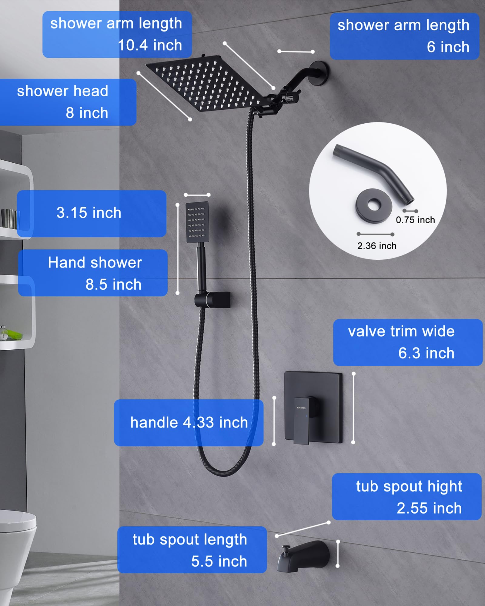 BLTFAUCER Matte Black Dual Bathtub Shower Faucet Set Combo with Handheld and 8 Inch Rainfall Shower Head|Adjustable Extension Shower Arm|Tub Spout|Pressure Balance Rough-in Valve Included