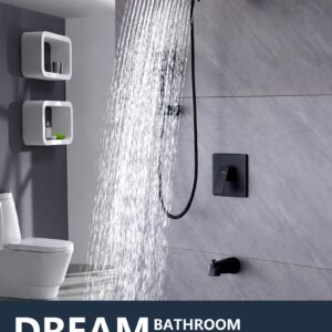 BLTFAUCER Matte Black Dual Bathtub Shower Faucet Set Combo with Handheld and 8 Inch Rainfall Shower Head|Adjustable Extension Shower Arm|Tub Spout|Pressure Balance Rough-in Valve Included