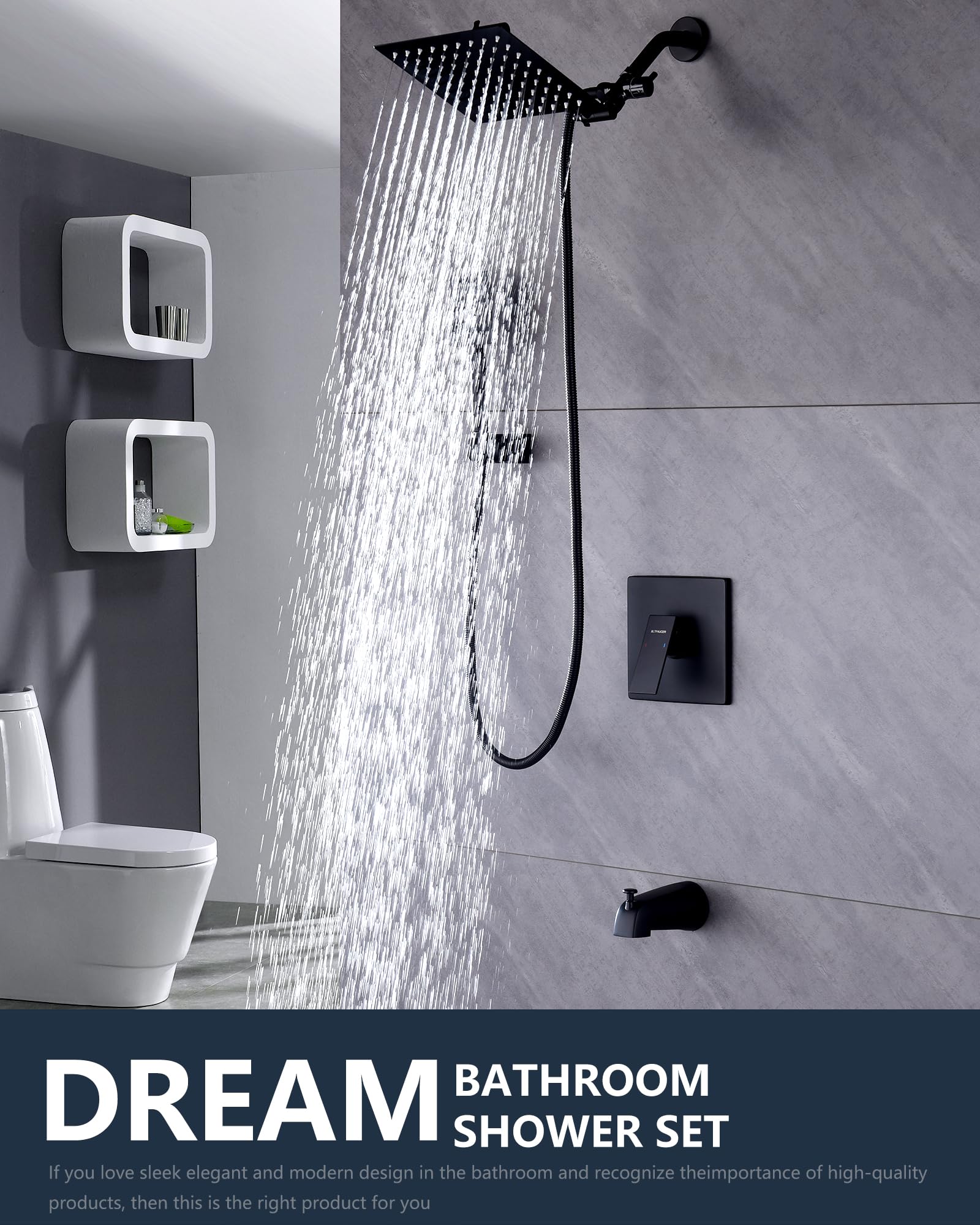 BLTFAUCER Matte Black Dual Bathtub Shower Faucet Set Combo with Handheld and 8 Inch Rainfall Shower Head|Adjustable Extension Shower Arm|Tub Spout|Pressure Balance Rough-in Valve Included