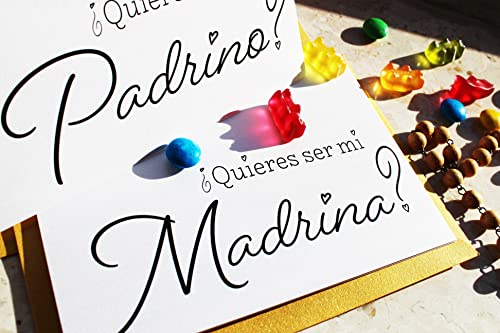 Spanish Will you be my Godparents Cards (Madrina & Padrino) - Godmother & Godfather Proposals in Black-and-White Lettering, with Golden Shimmer Envelopes (Set of 2 cards) (Madrina & Padrino)