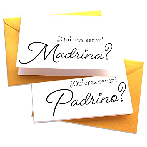 Spanish Will you be my Godparents Cards (Madrina & Padrino) - Godmother & Godfather Proposals in Black-and-White Lettering, with Golden Shimmer Envelopes (Set of 2 cards) (Madrina & Padrino)